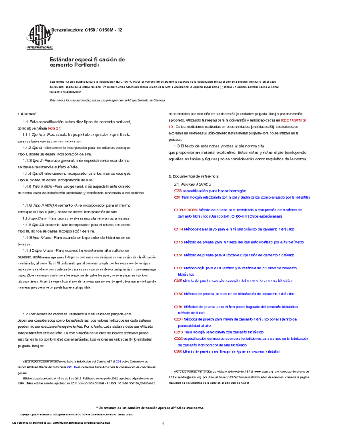 Especificación ASTM C150 - Cemento Portland: Tipos y Aplicaciones - Studocu