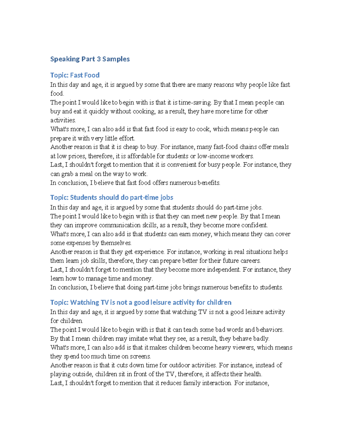 Speaking Part 3 Samples: Fast Food, Jobs & TV for Students - Studocu