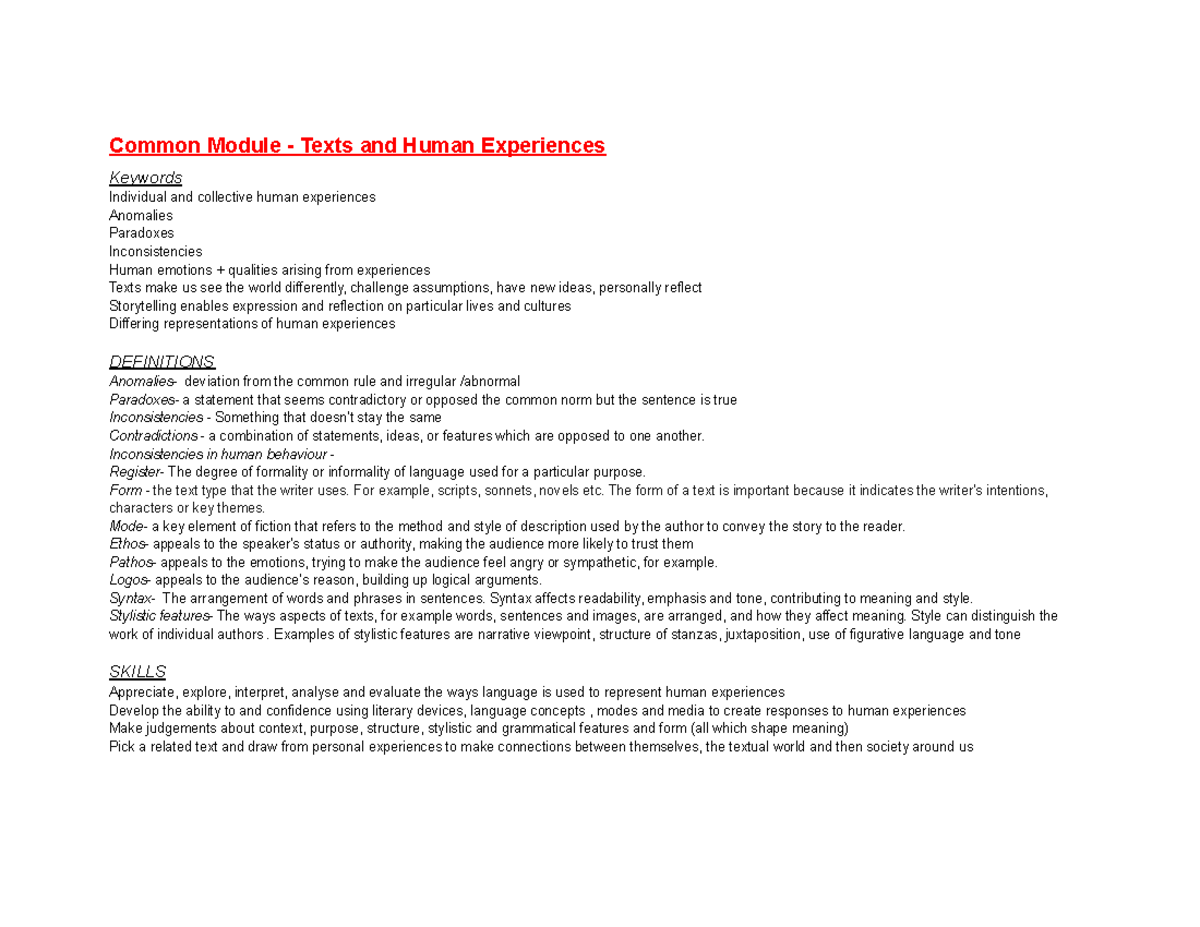 English Notes - Key Terms, Techniques & Conventions for Modules - Studocu