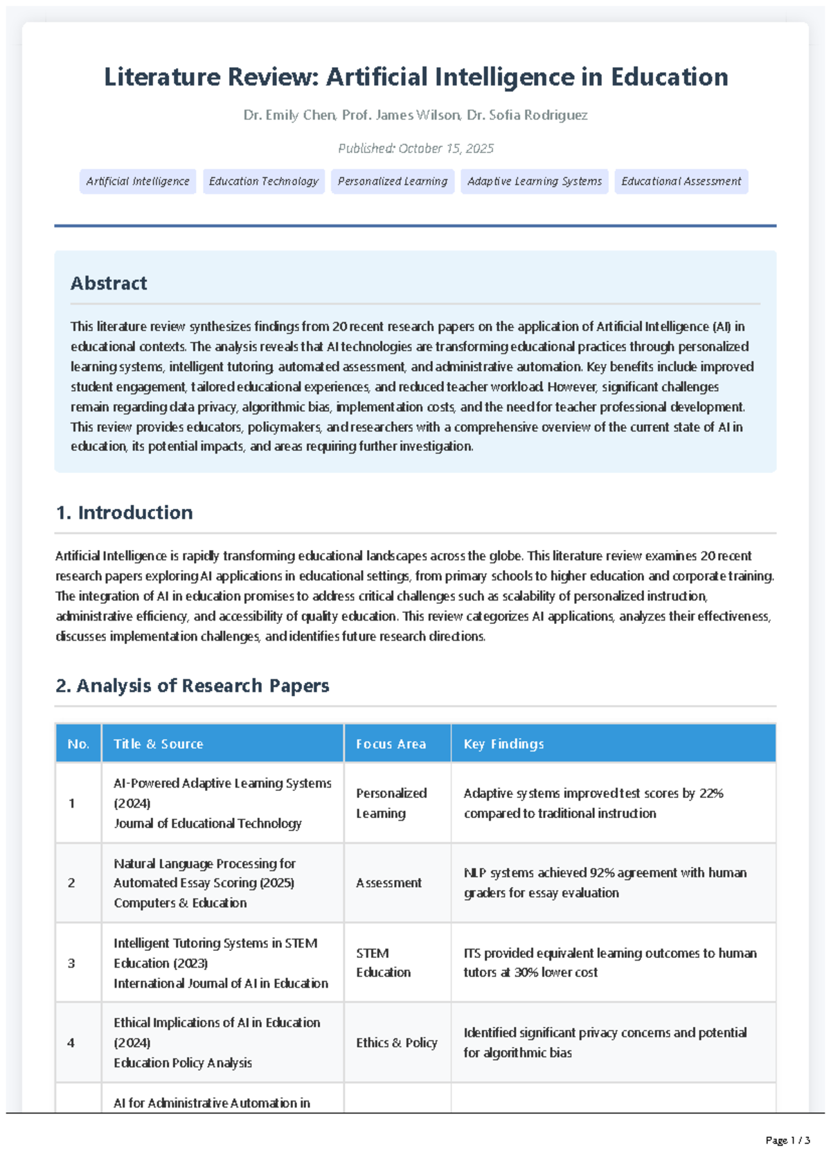 Literature Review: AI in Education (EDU 101) - Key Findings ...