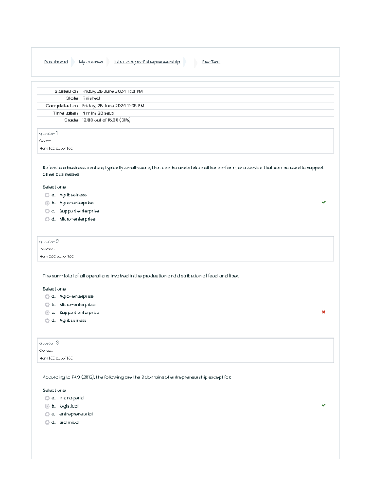 Intro to Agro-Entrepreneurship Pre-Test Review 2nd Attempt - Studocu