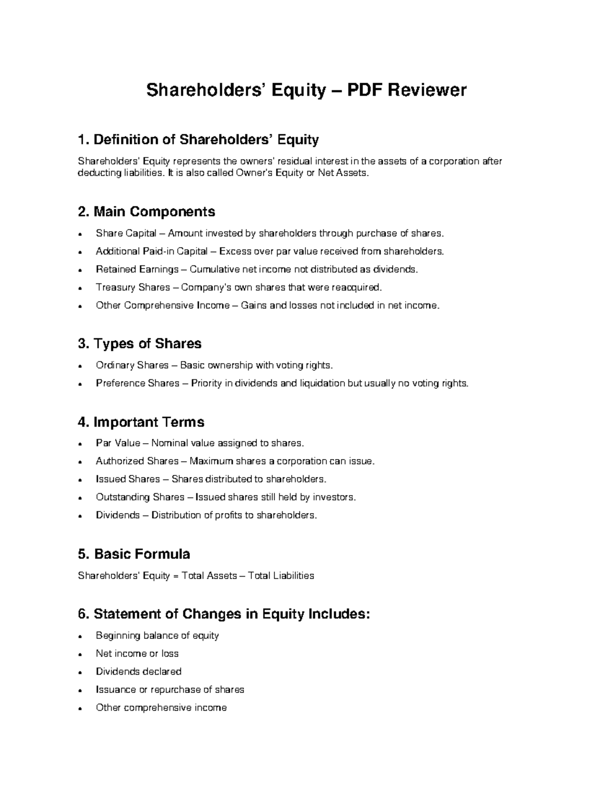 Shareholders Equity Overview: Key Definitions and Components - Studocu