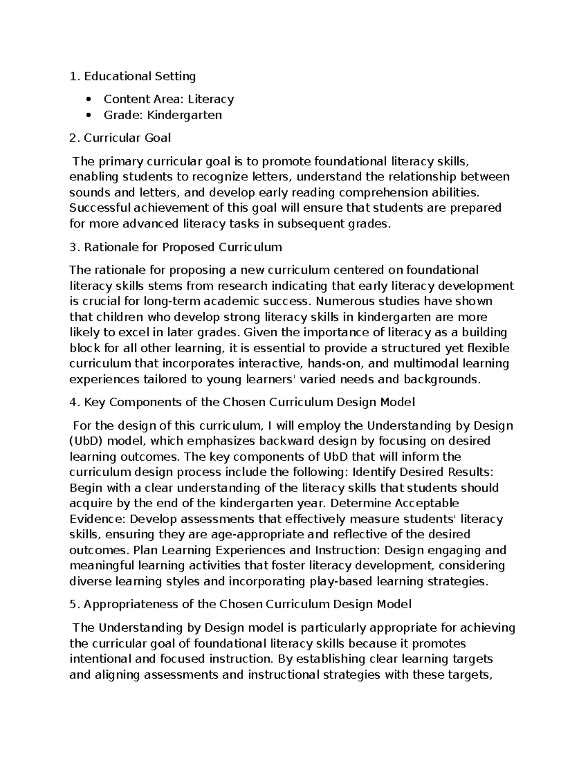D631 Task 1 - foundational literacy skills curriculum design for ...