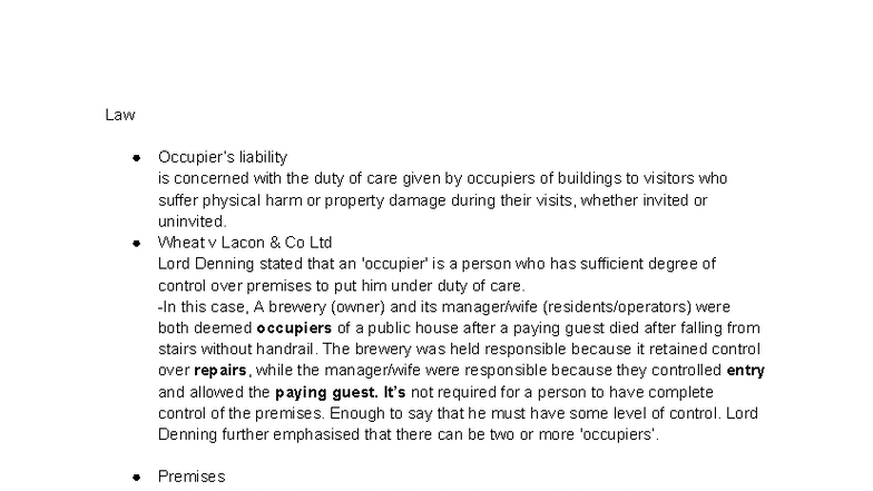 Occupiers Liability: Key Cases and Principles (LAW 101) - Studocu