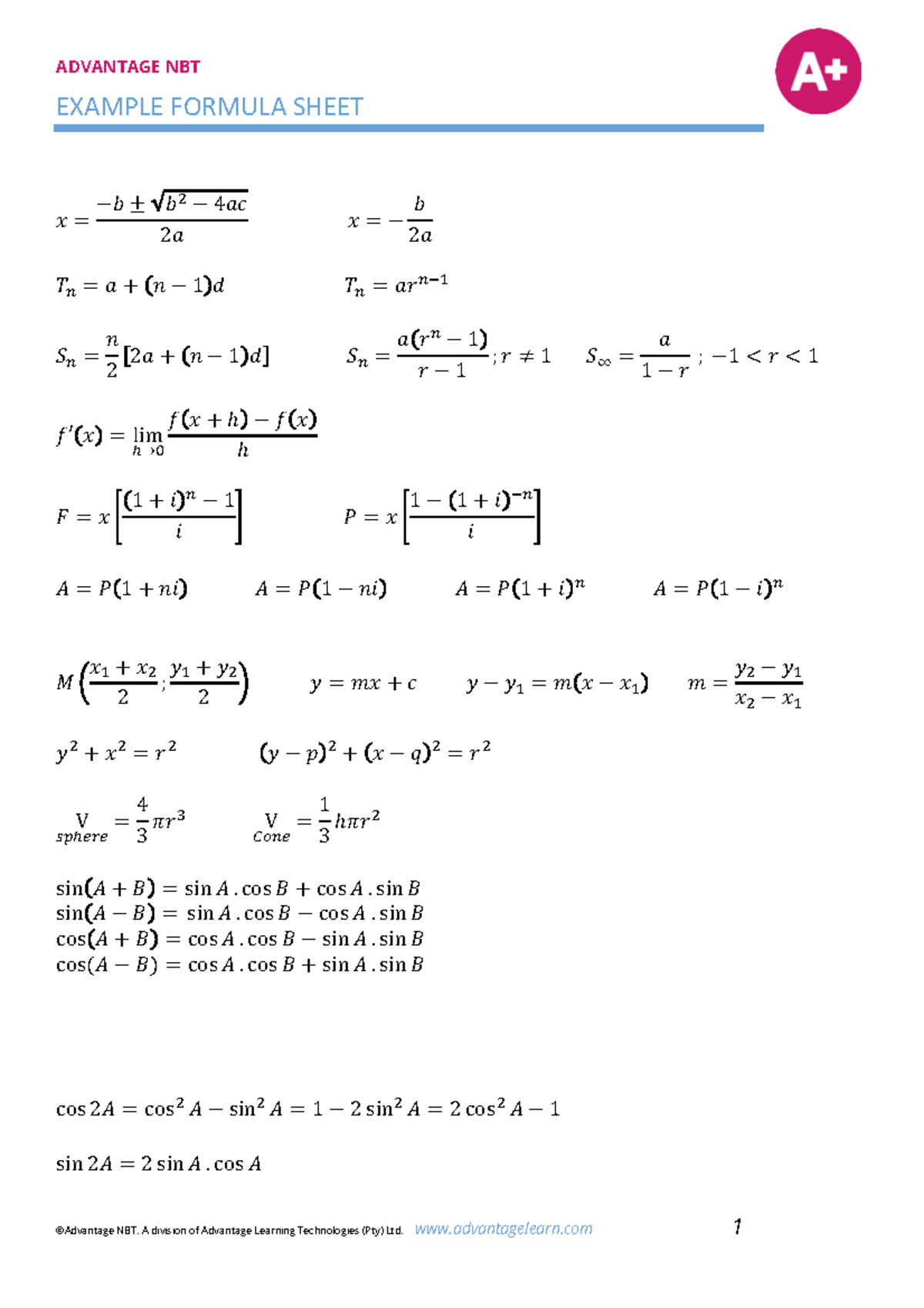 NBT Math Formula Sheet: Essential Equations & Concepts - Studocu