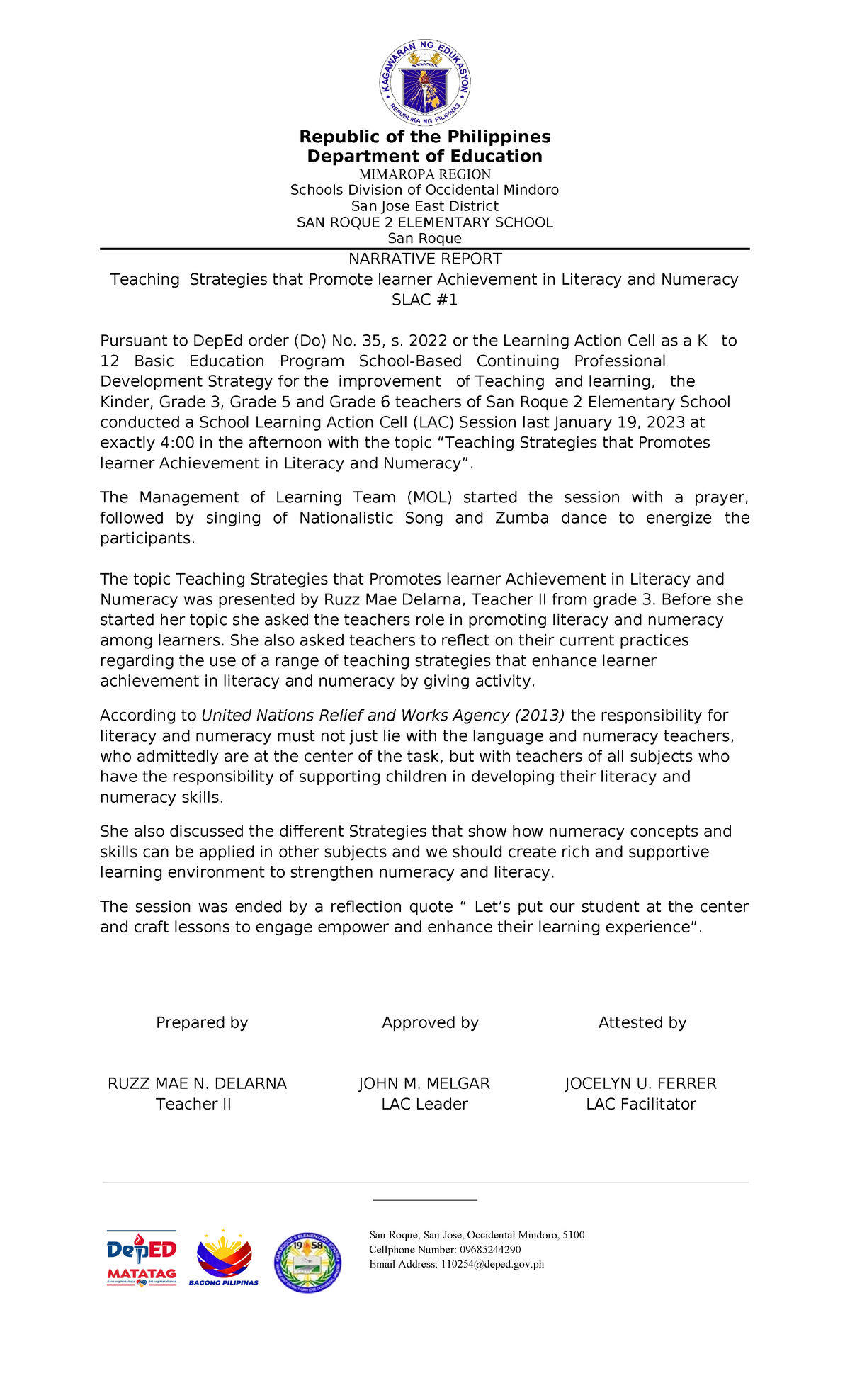 SLAC #1 Narrative Report: Strategies for Literacy & Numeracy ...