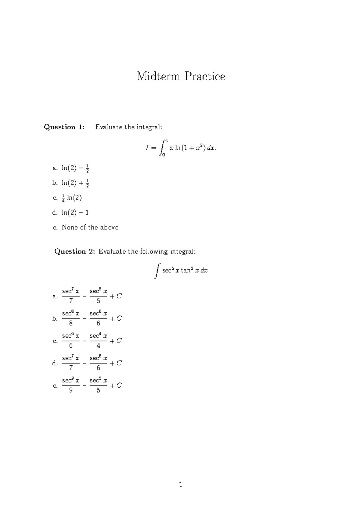 Midterm Practice Test: Integral and Series Evaluation Questions - Studocu