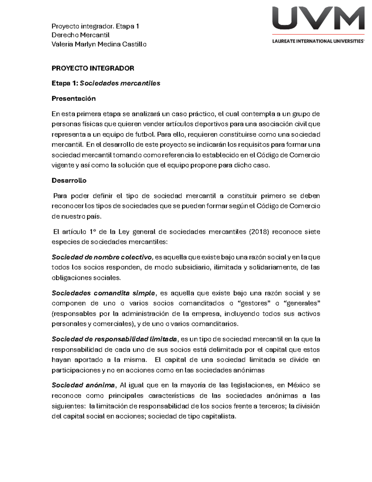 Proyecto Integrador Etapa 1: Sociedades Mercantiles en Derecho Mercantil - Studocu