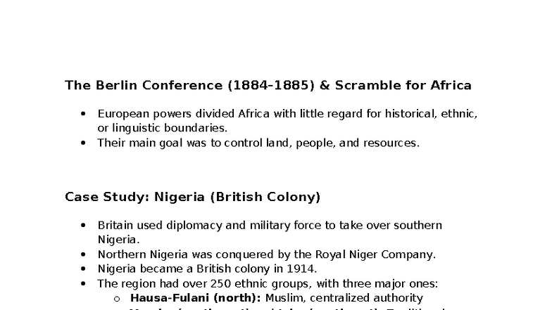 Case Study: The Berlin Conference and Nigeria's Colonial Impact - Studocu