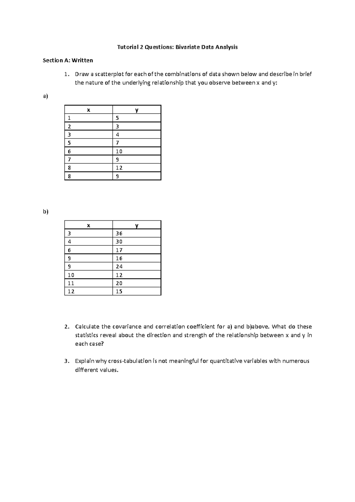 ECON314 Tutorial 2: Bivariate Data Analysis Questions - Studocu