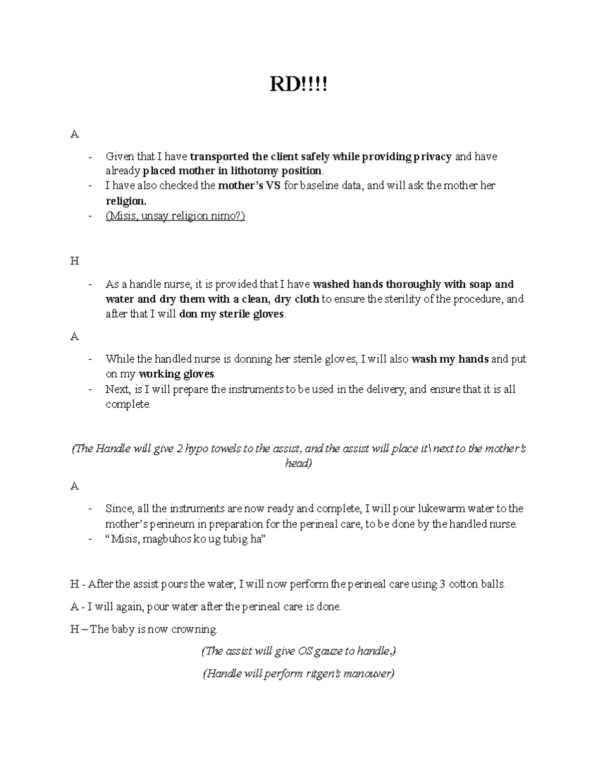 RD 101 - Intrapartal Care Procedure Notes for Handle and Assist Roles ...