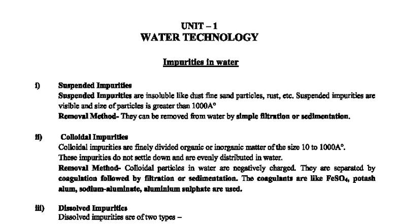 Unit 1: Water Technology - Impurities and Treatment Methods - Studocu