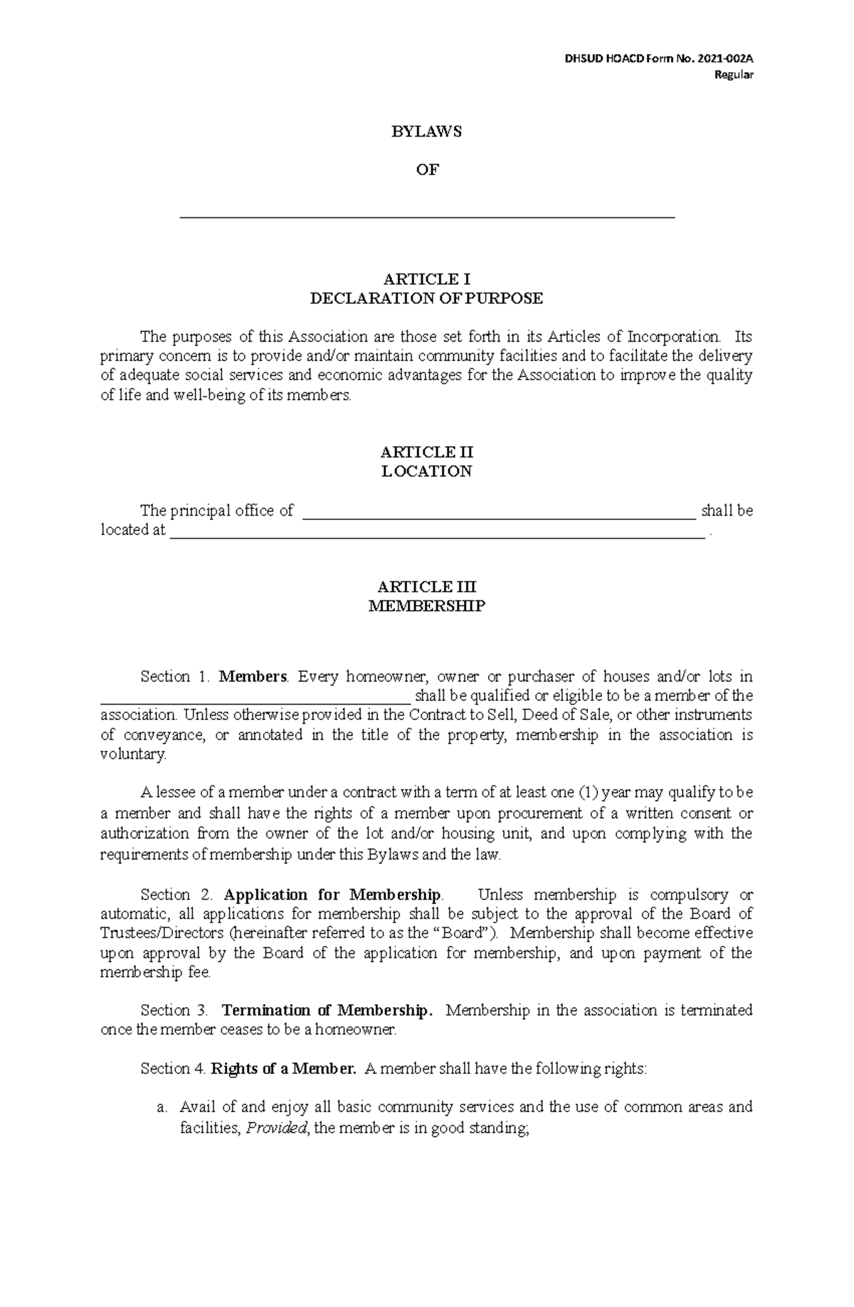 Bylaws of the Homeowners Association - DHSUD Form No. 2021-002A - Studocu