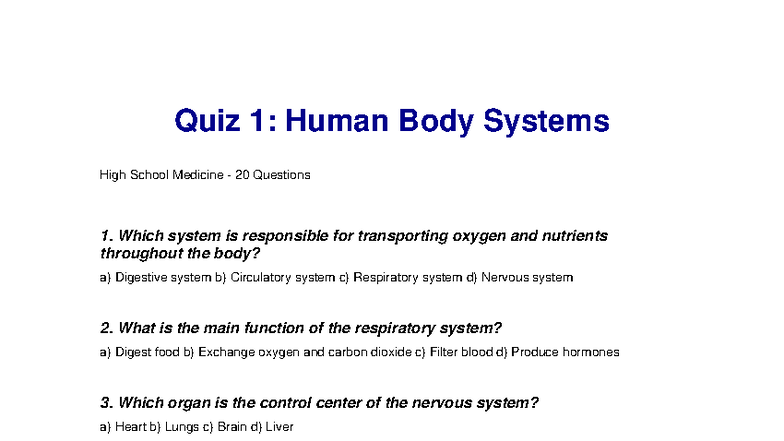 Quiz 1: Human Body Systems - High School Medicine - Studocu