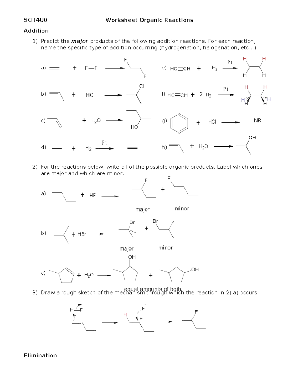 SCH4U0 - Organic Reactions Worksheet Solutions and Predictions - Studocu