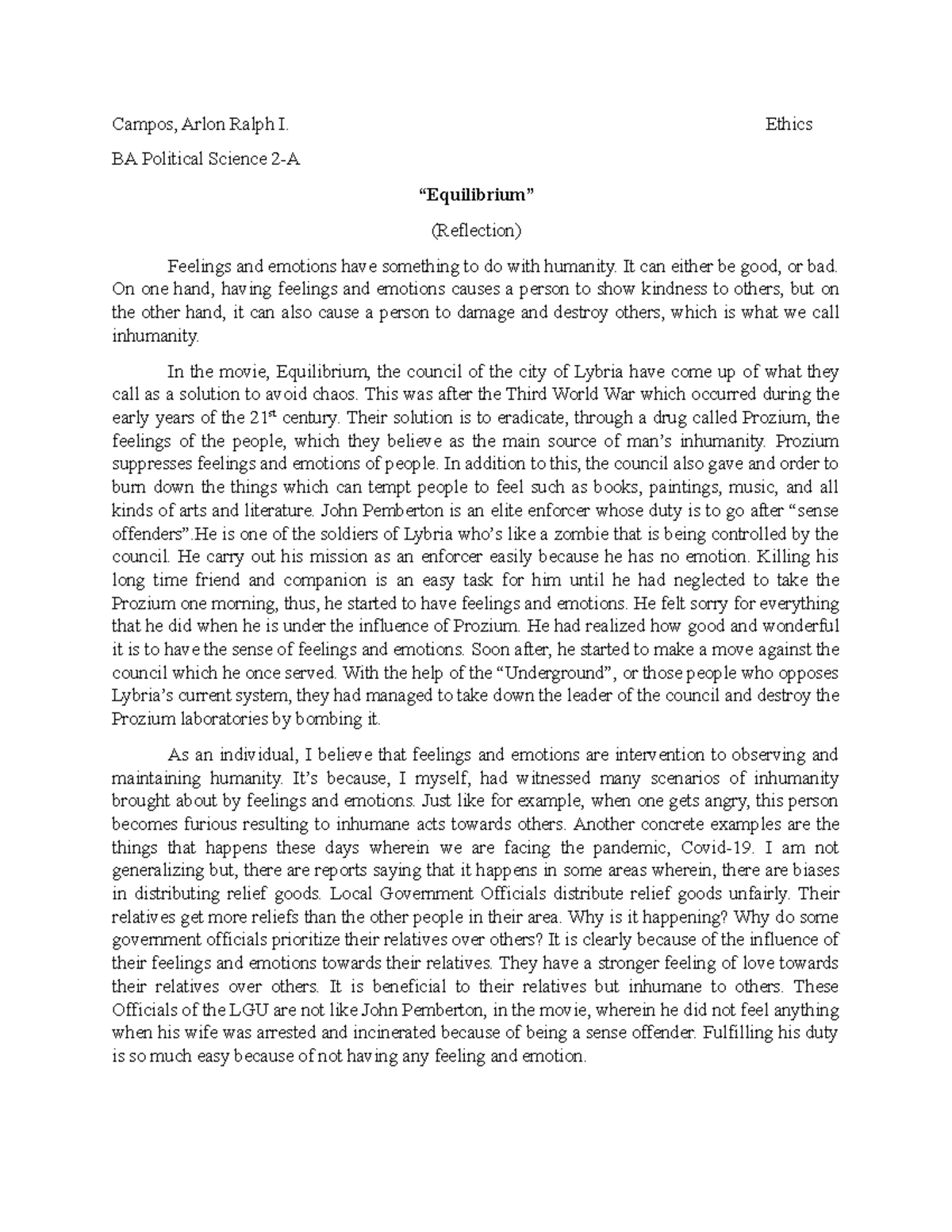 Equilibrium (Reflection) - Campos, Arlon Ralph I. Ethics BA Political ...