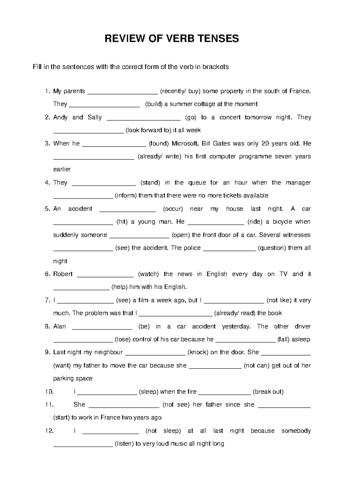 REVIEW OF VERB TENSES: Fill in the Correct Forms - Studocu