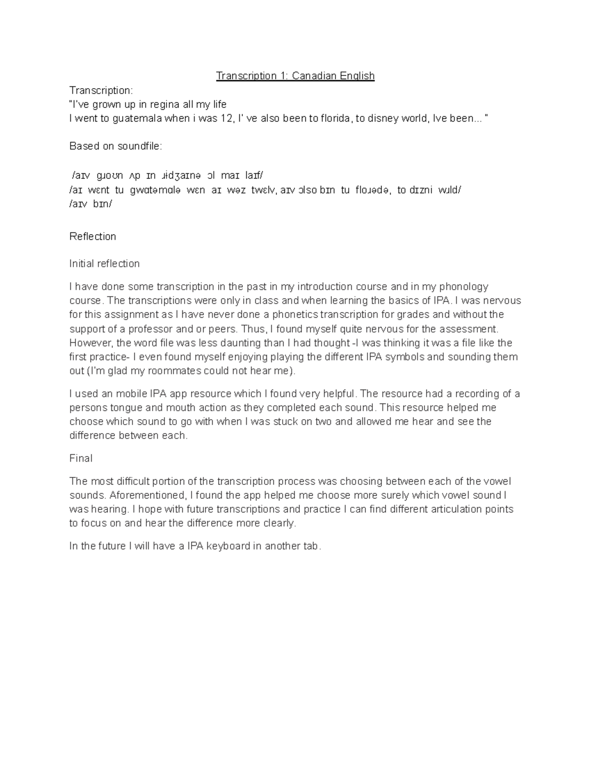 Transcription 1: Canadian English Phonetics Reflection and Insights ...