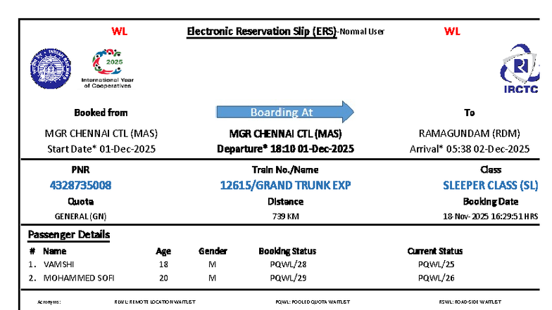 WL Electronic Reservation Slip for Train 4328735008 - MGR to RDM - Studocu