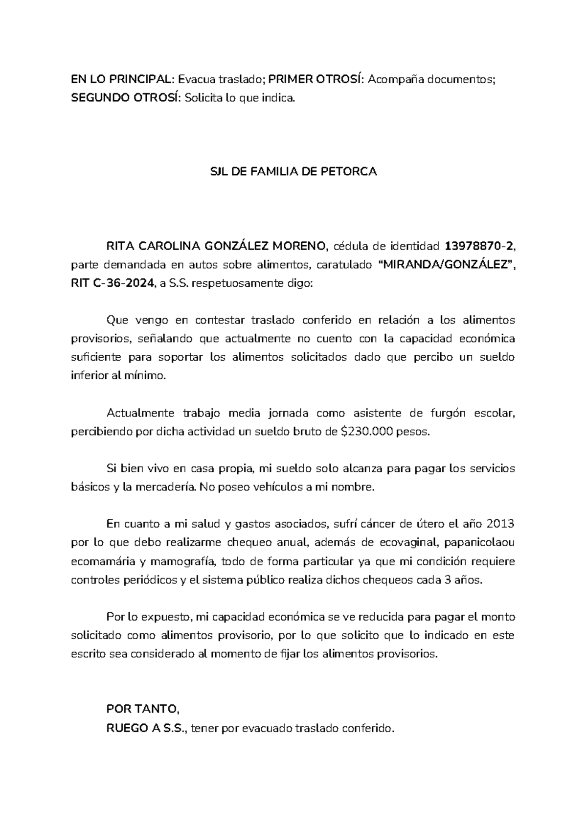 Evacua Traslado: Contestación sobre Alimentos Provisorios en Caso ...