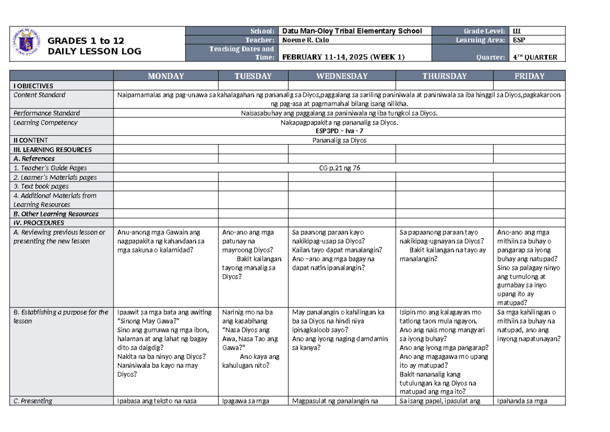 DLL ESP 3 Q4 W1 - Week 1 Daily Lesson Plan on Faith and Beliefs - Studocu