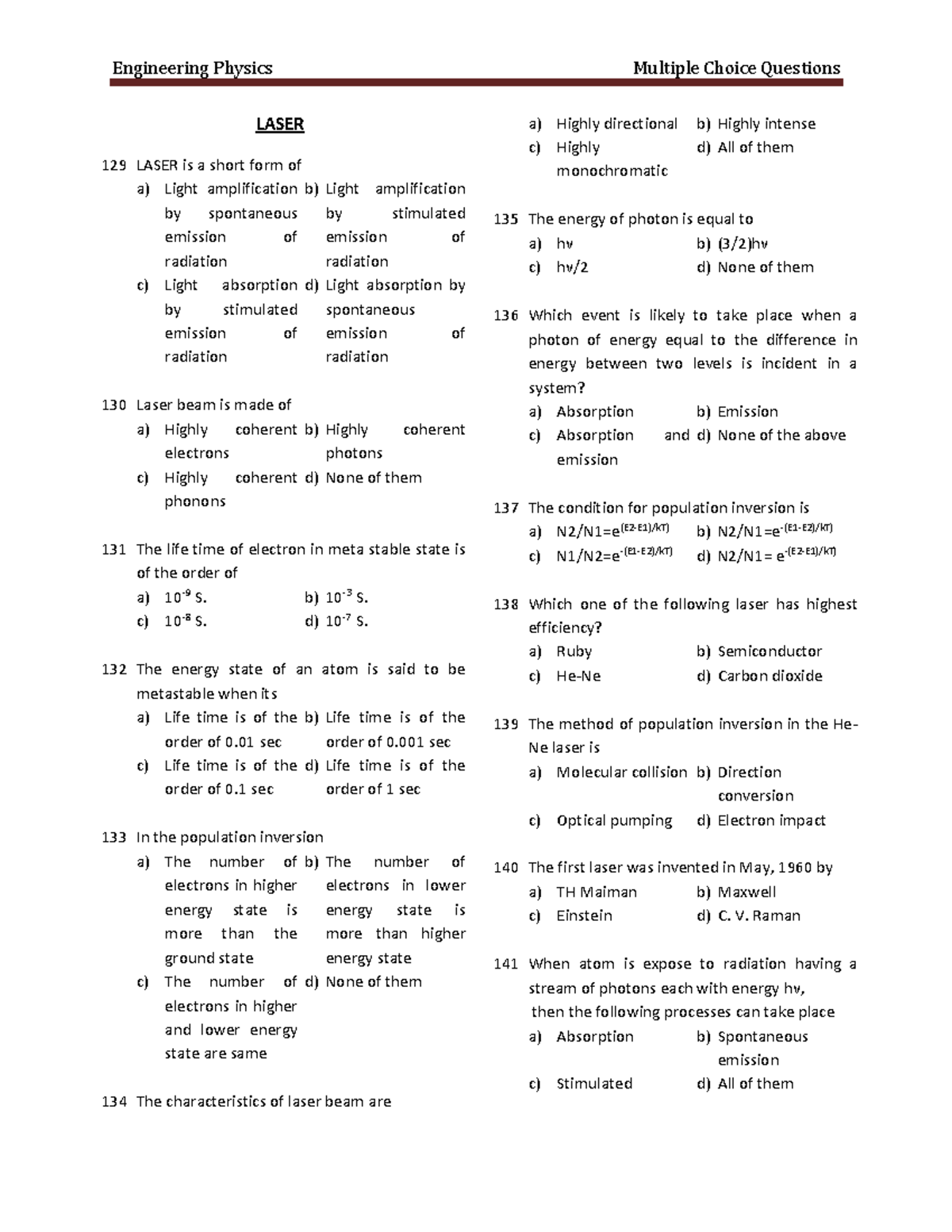 Optical Physics MCQs on Lasers & Fiber Optics - ENG PHYS 101 - Studocu