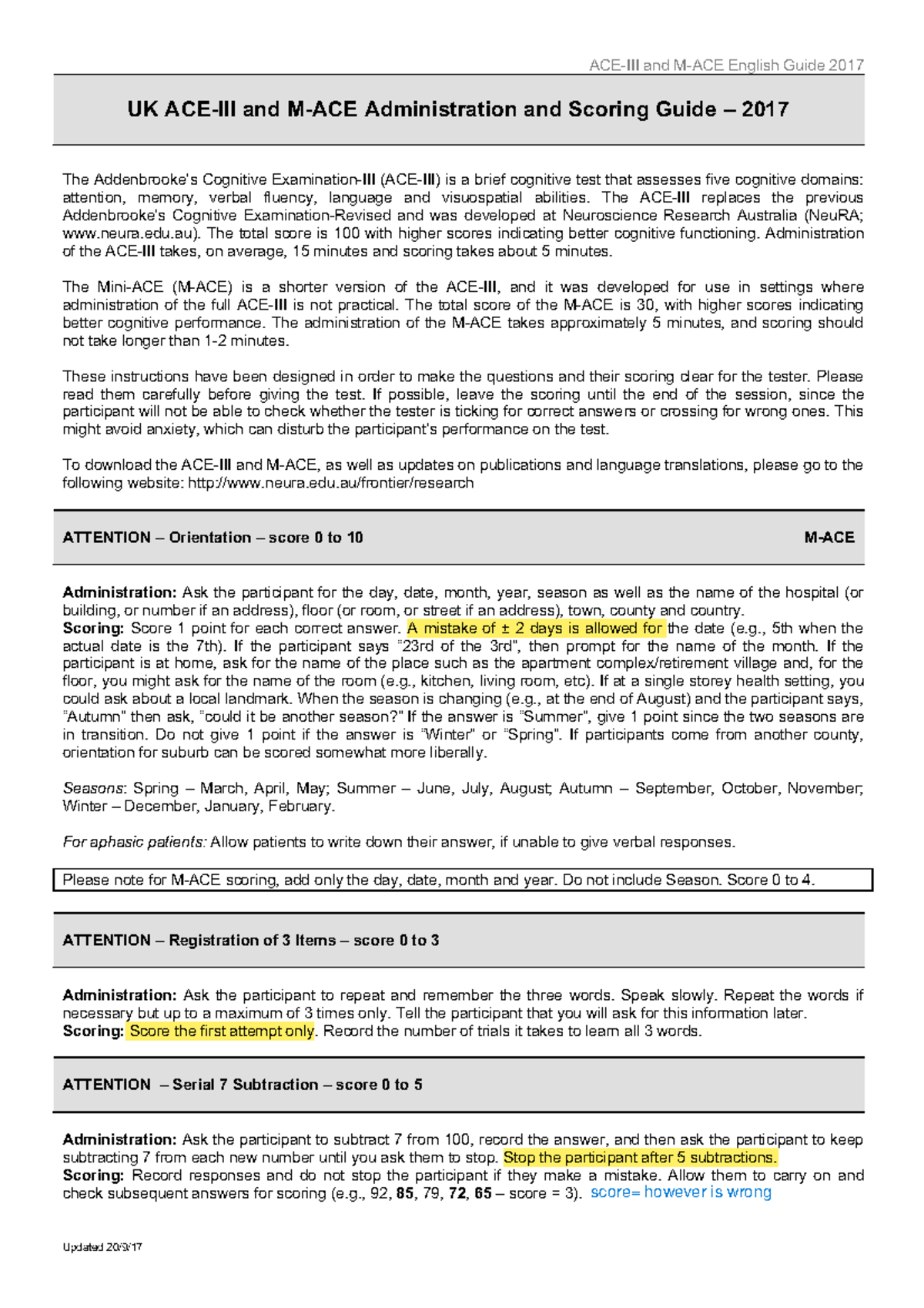 ACE-III & M-ACE Administration and Scoring Guide - UK 2017 - Studocu