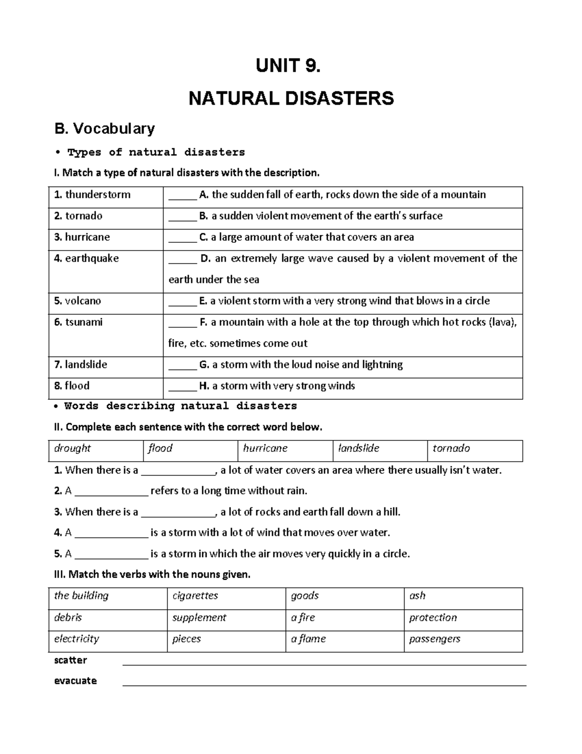 Unit 9: Natural Disasters - Vocabulary and Exercises - Studocu