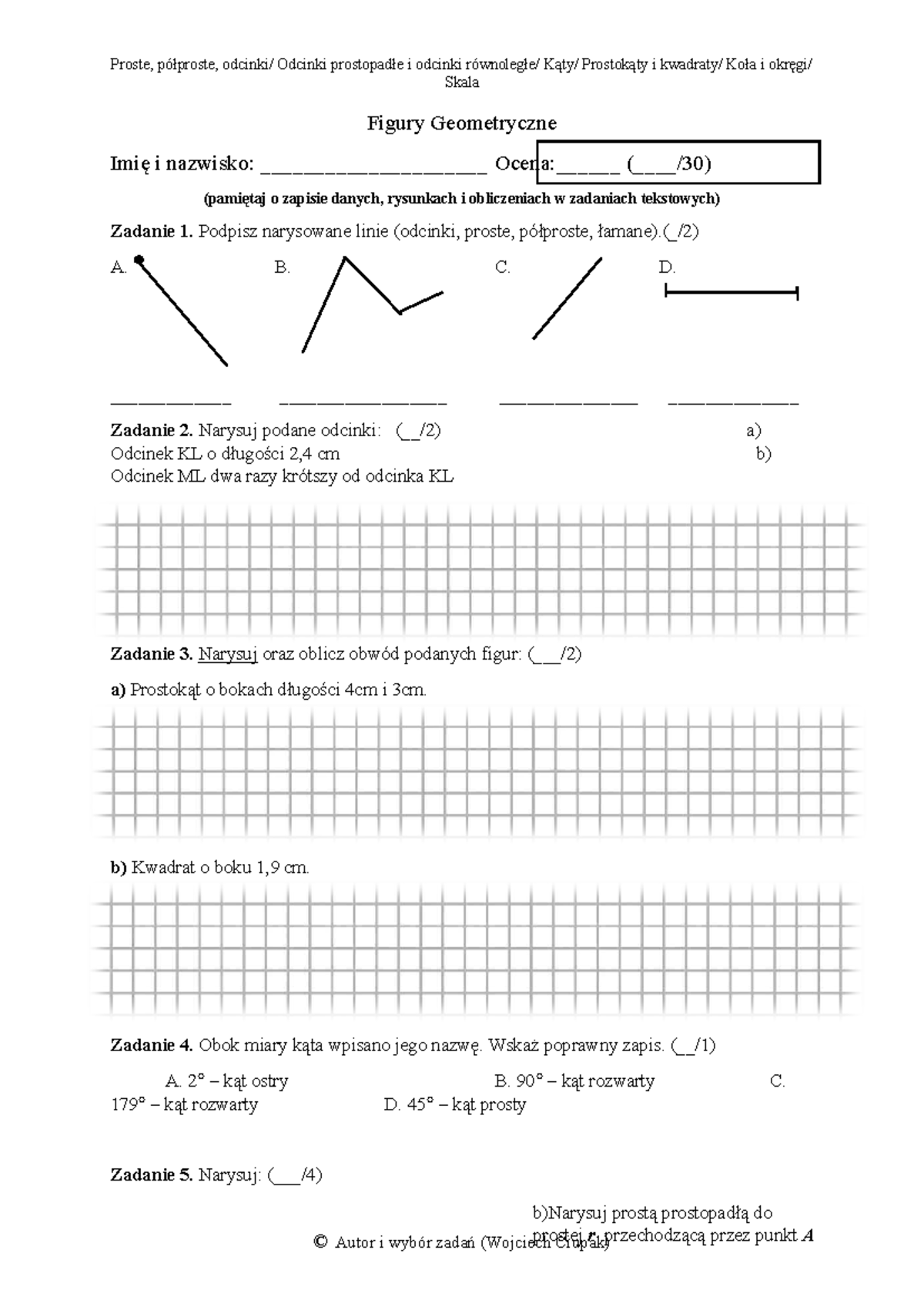 Figury Geometryczne Sprawdzian 4 - Proste, Odcinki, Prostokąty, Koła ...