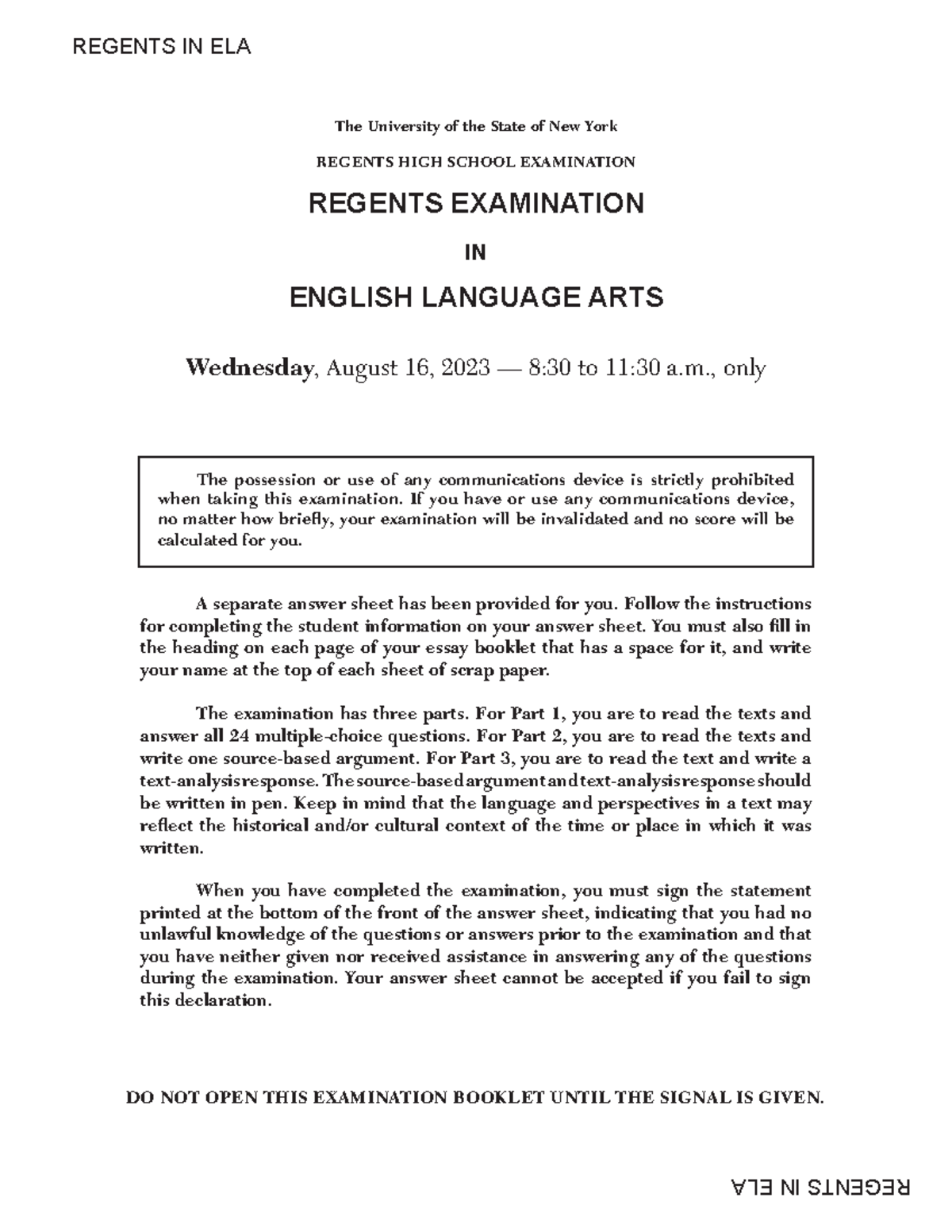 Regents Exam in ELA - Prep Guide for Aug. 2023 Examination - Studocu