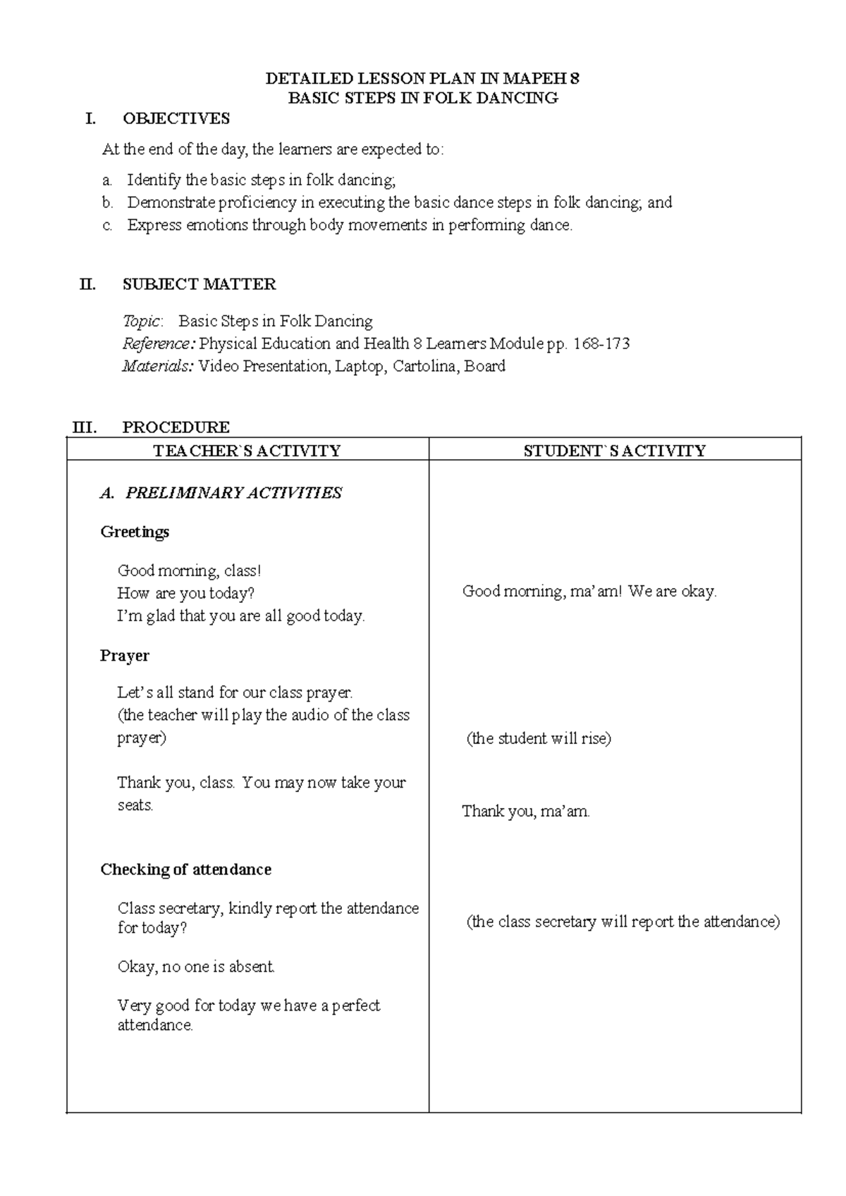 Detailed Lesson Plan for MAPEH 8: Basic Steps in Folk Dancing - Studocu