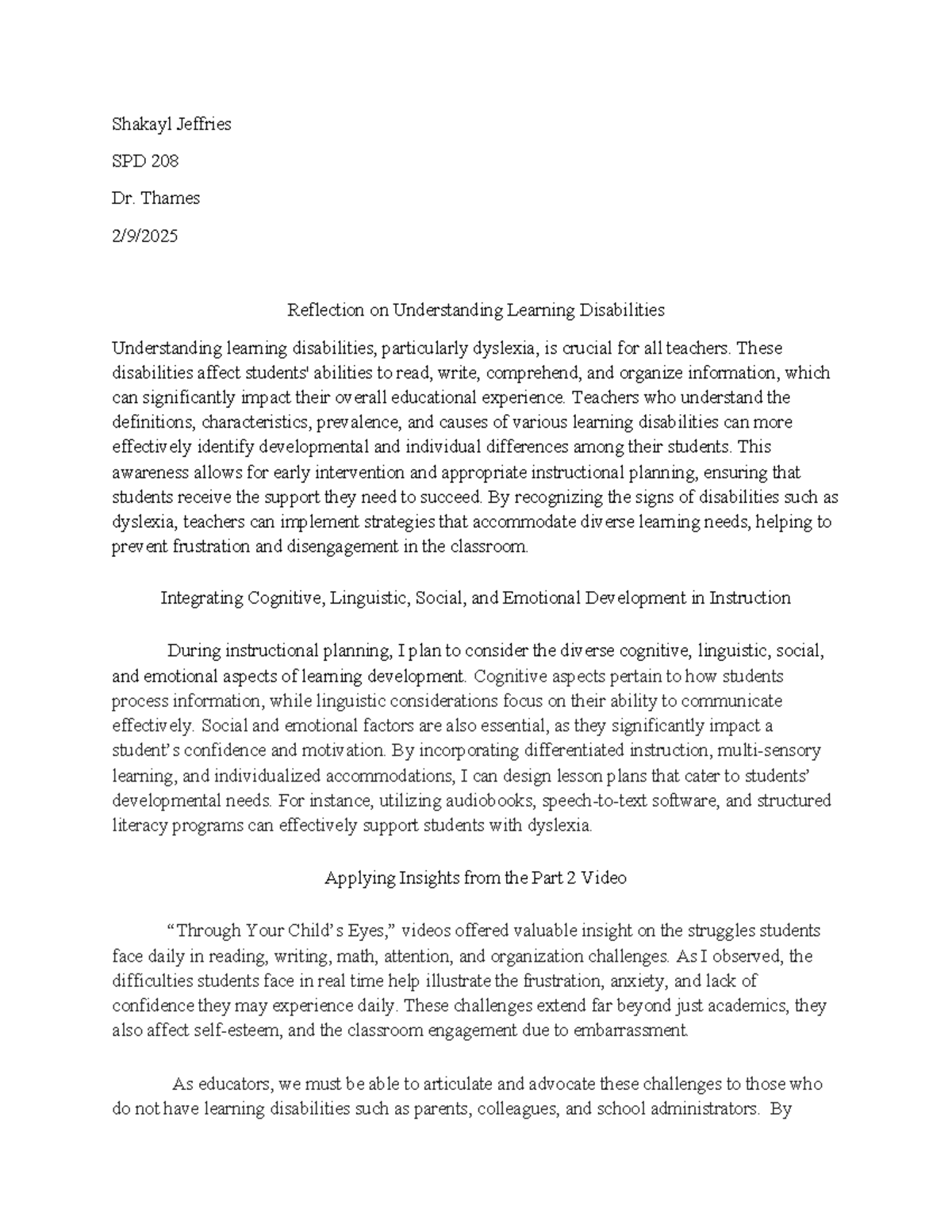 SPD 208 Final Exam Reflection on Learning Disabilities & Instruction ...