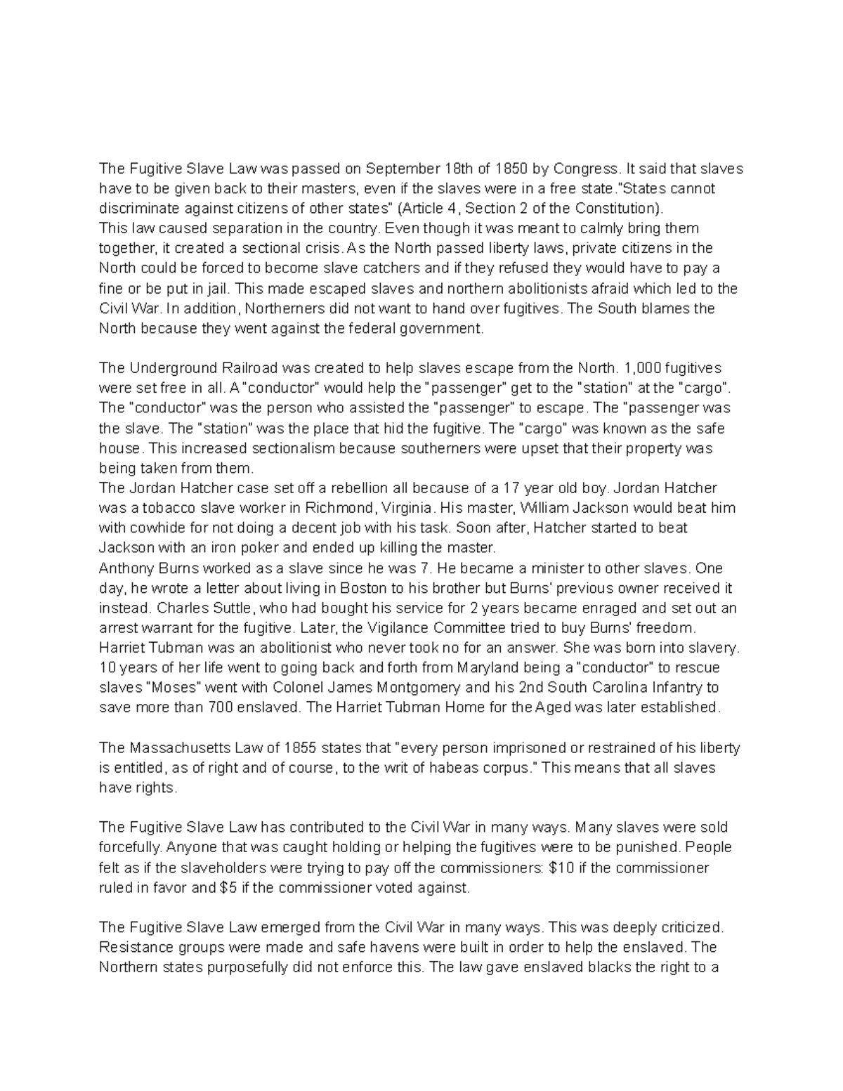 HIS 1510 Essay #3: The Impact of the 1850 Fugitive Slave Law on Civil ...