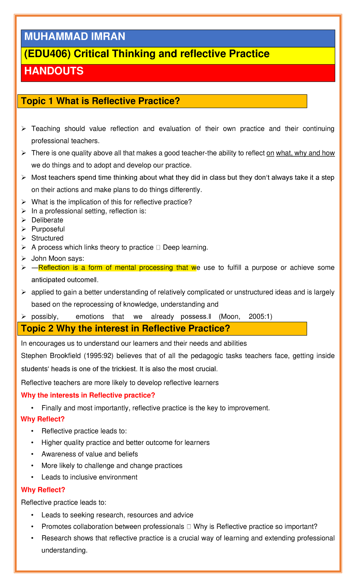EDU406 Handouts: Critical Thinking & Reflective Practice Overview - Studocu