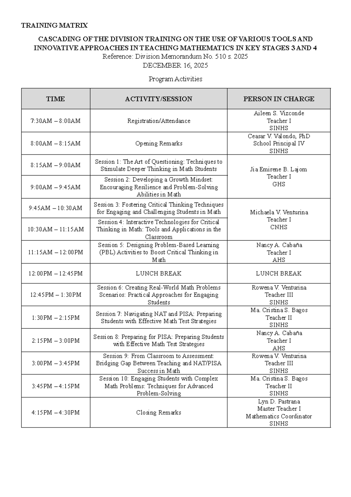 CASCADING TRAINING MATRIX: INNOVATIVE MATH TEACHING TOOLS & TECHNIQUES ...