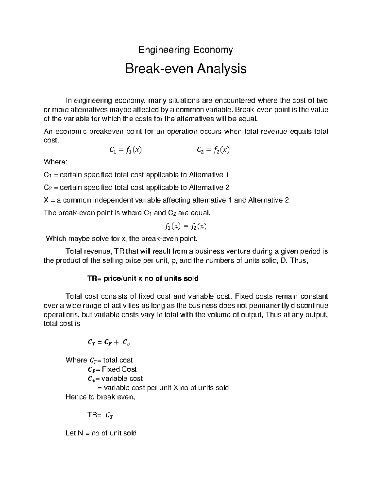 Break-even Analysis - Lecture notes - Engineering Economy - Studocu