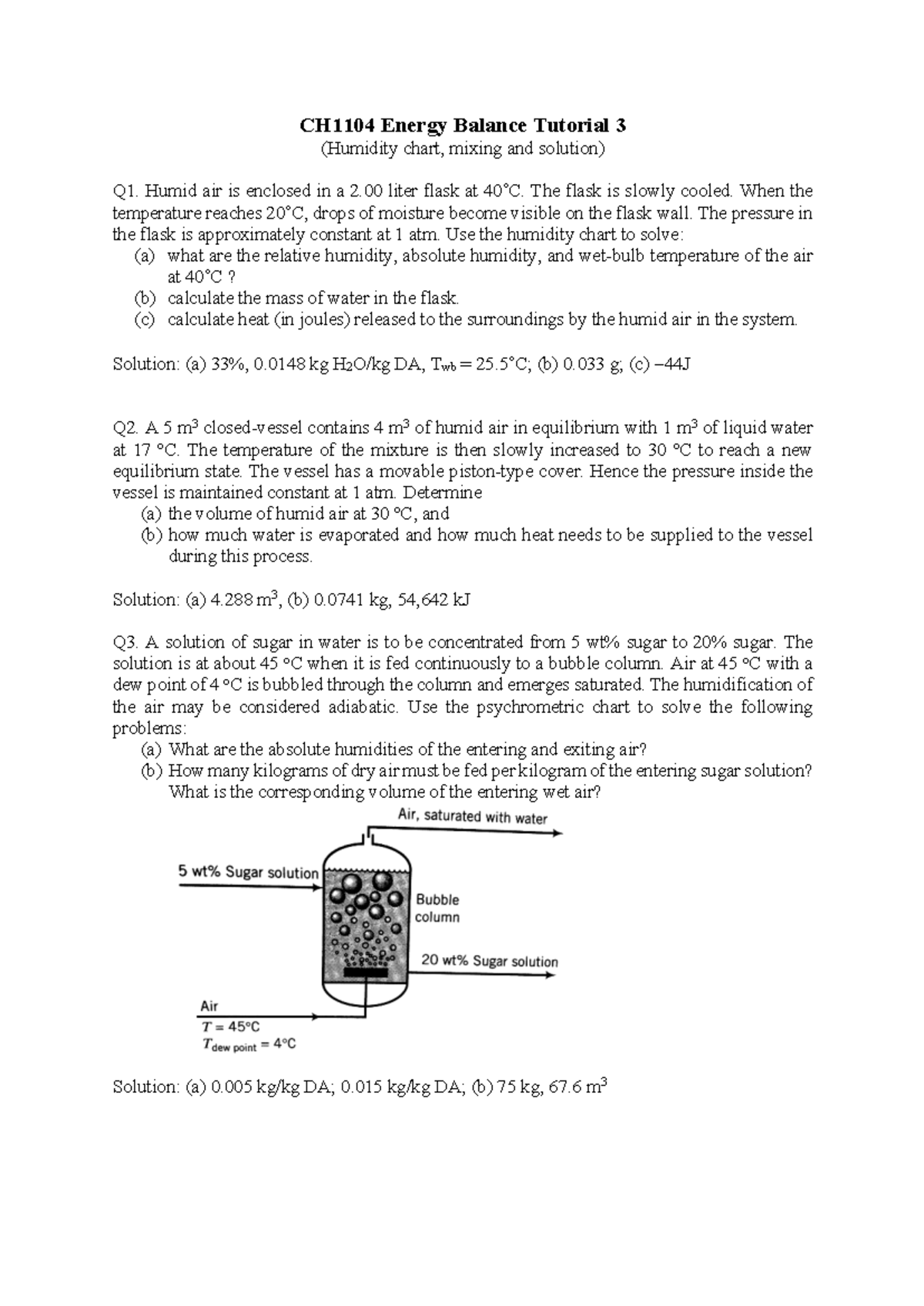 CH1104 Energy Balance Tutorial 3: Humidity & Heat Calculations - Studocu