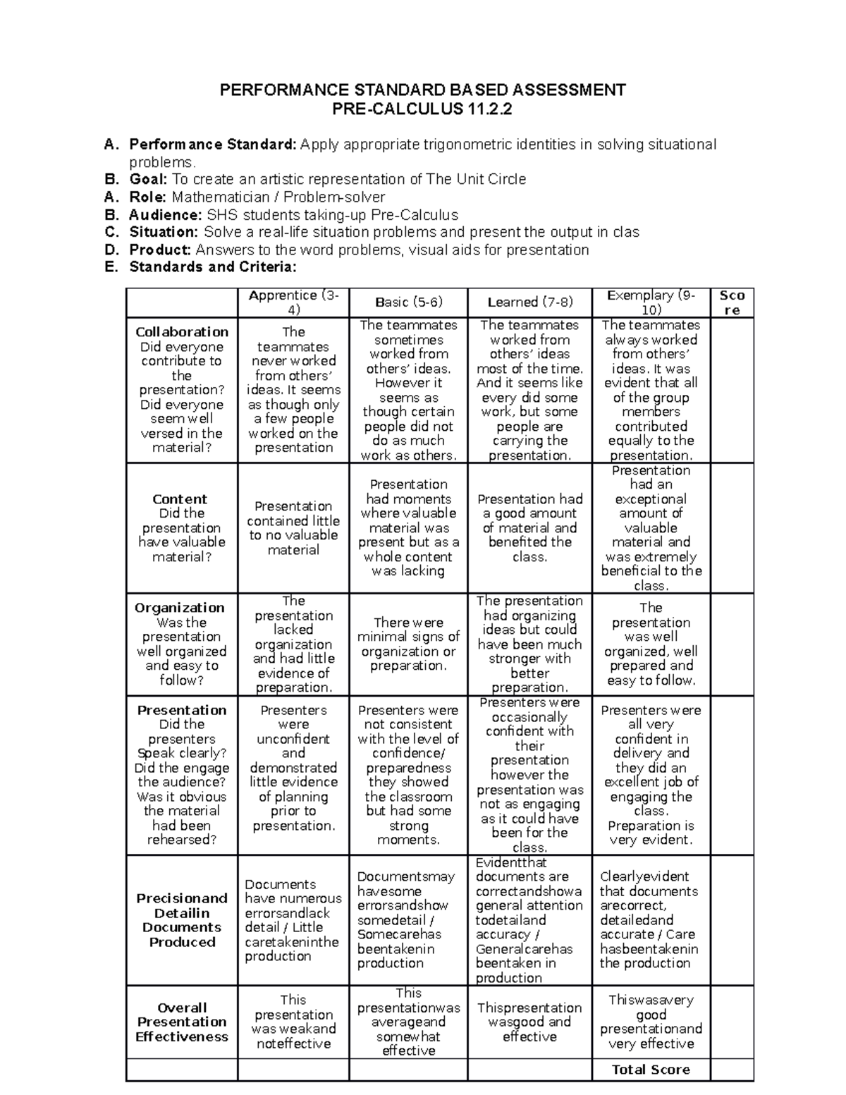 Pre-Calculus 11 - Sample Performance Task - PERFORMANCE STANDARD BASED ...