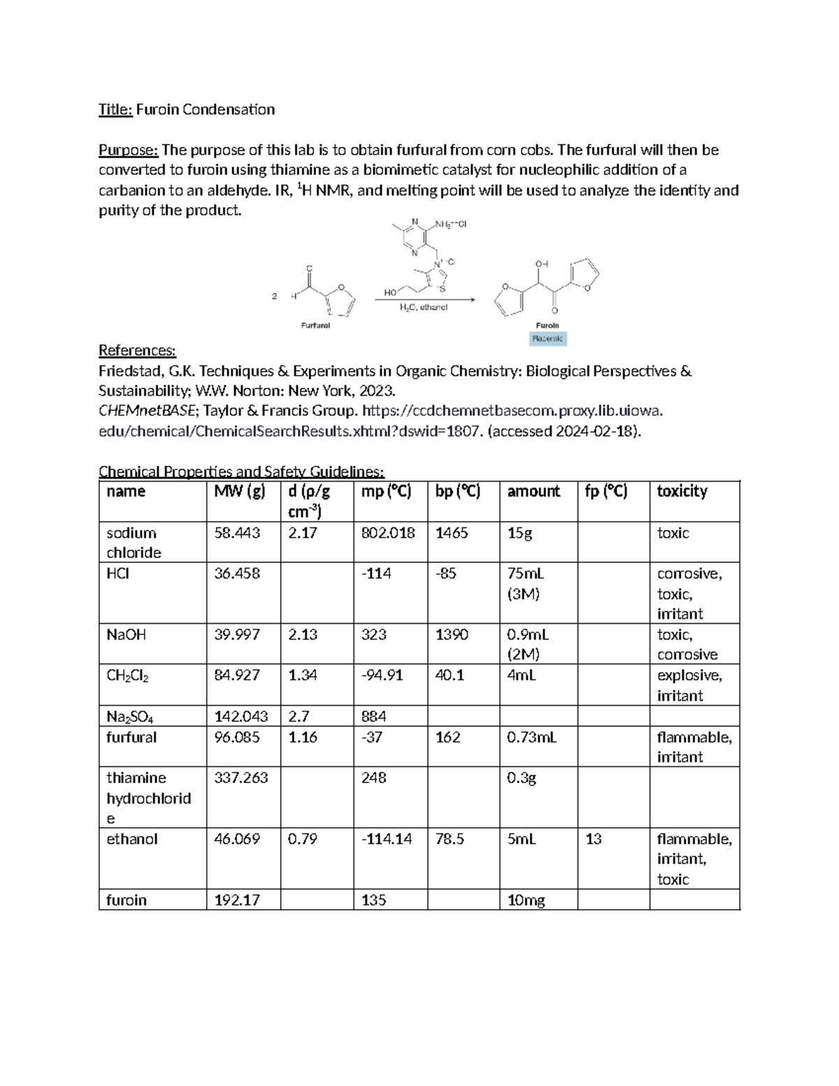 CHEM 301 Furoin Condensation Lab Prelab Guide - Studocu