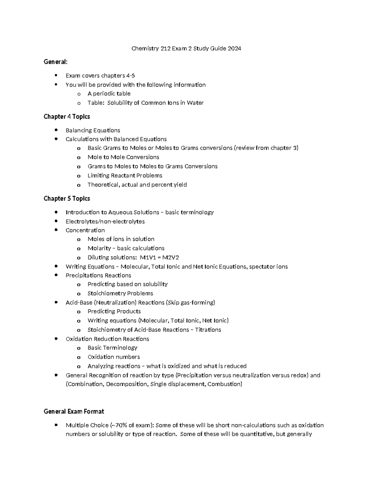 Chemistry 212 Exam 2 Study Guide: Chapters 4-5 Overview 2024 - Chemistry 212 Exam 2 Study Guide ...