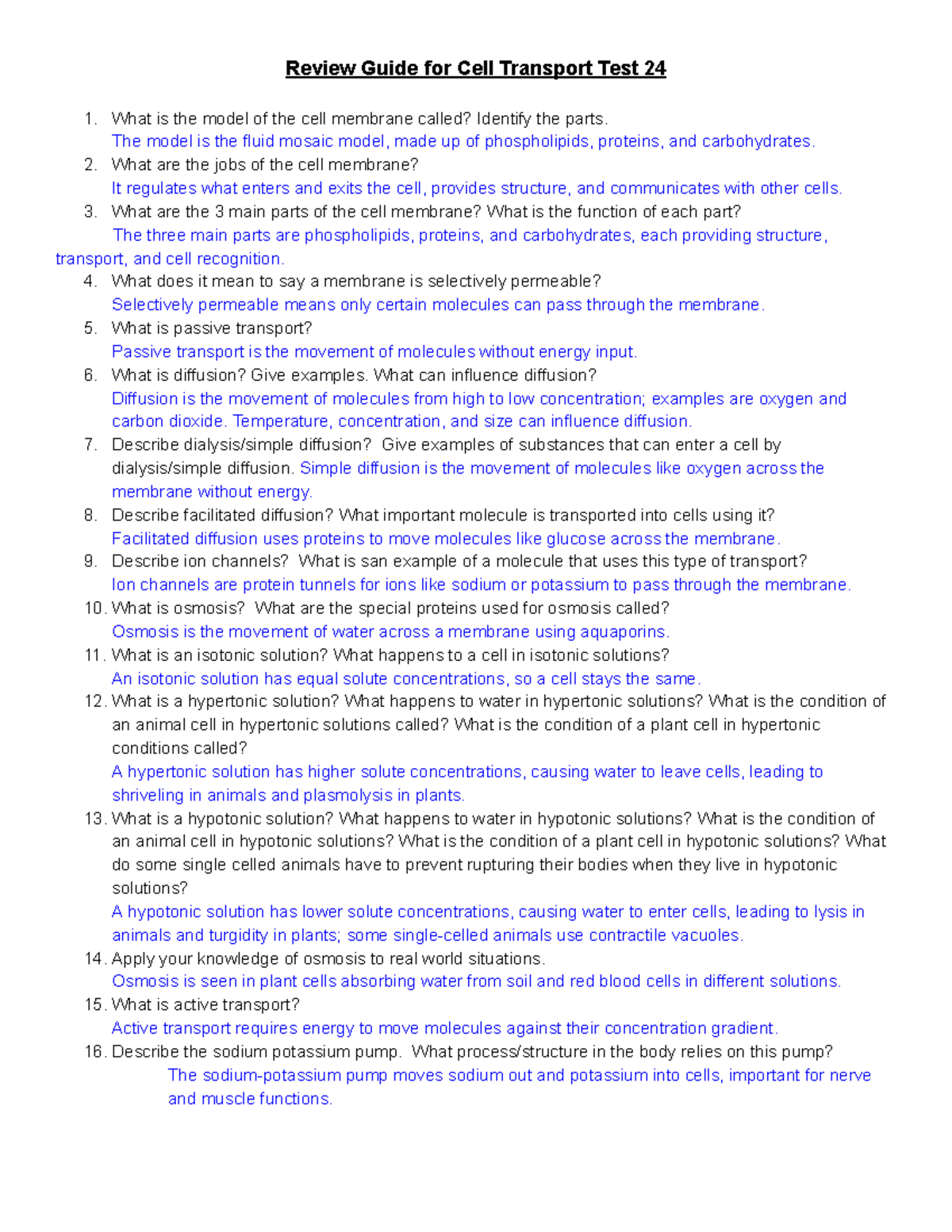 Cell Membrane & Transport Review Guide for Test 24 - Review Guide for ...