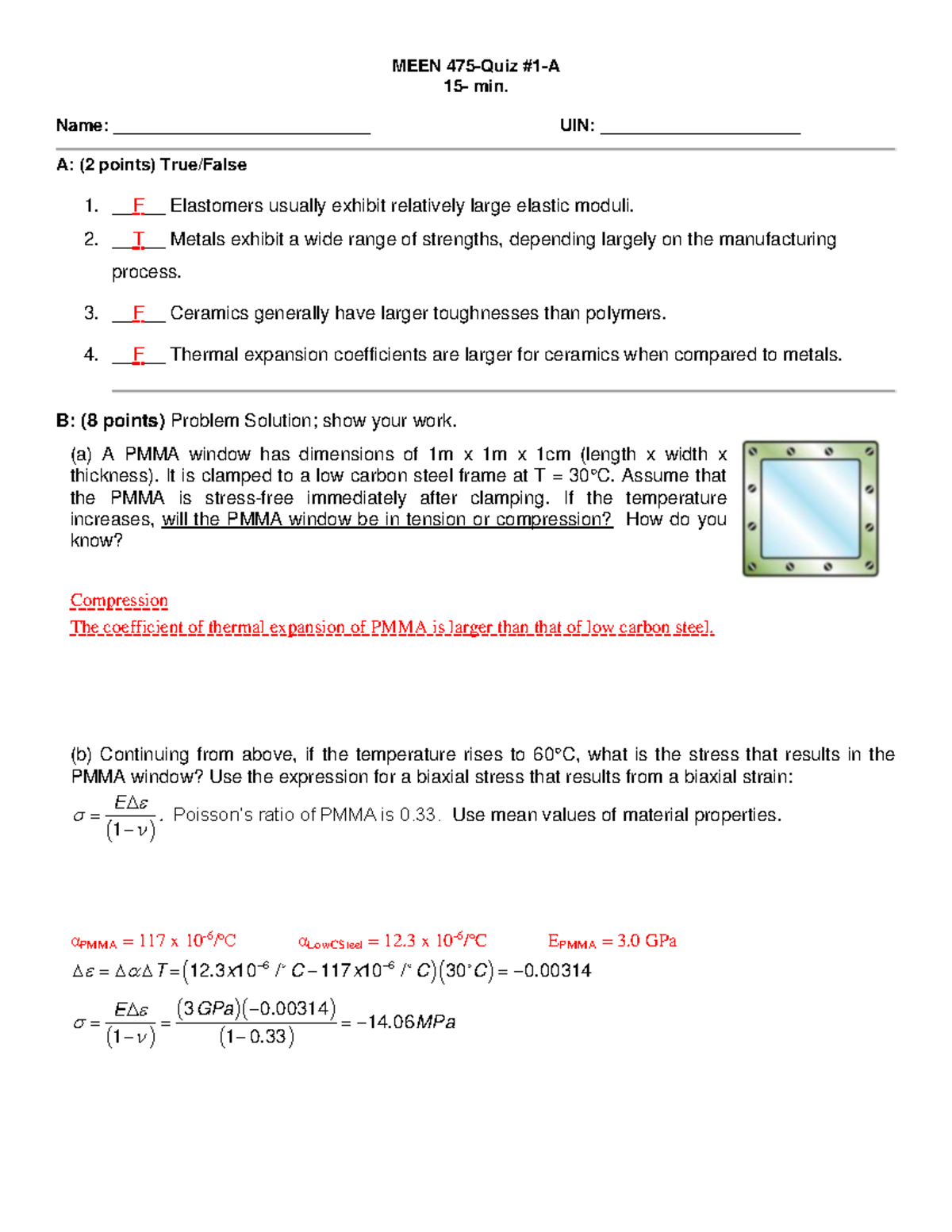 MEEN 475 Quiz #1-AA Solution - MEEN 475-Quiz #1-A 15- min. Name