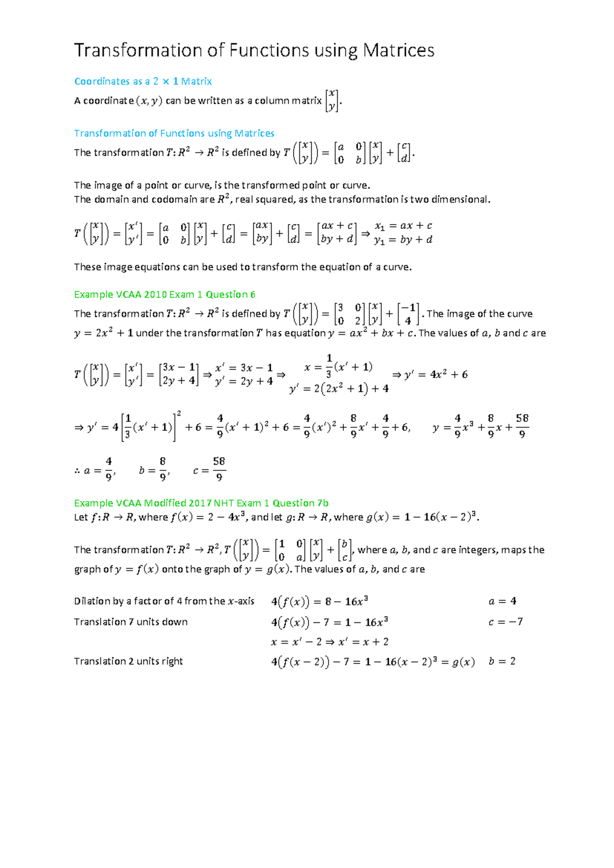 VIC Maths Notes: Transformation of Functions Using Matrices - Studocu