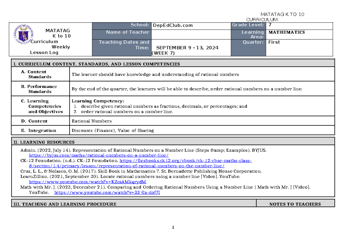 DLL Matatag MATH 7 Q1 W7 - Rational Numbers Lesson Plan - Studocu