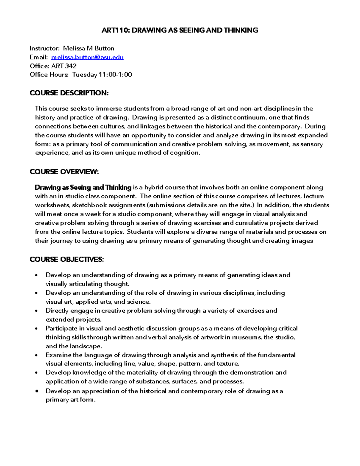 ART110: Syllabus for Drawing as Seeing and Thinking Course - Studocu