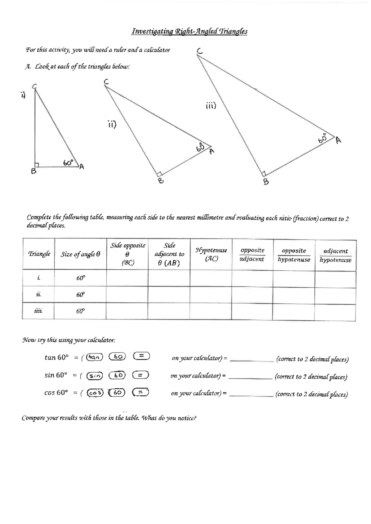 Investigating Right-Angled Triangles: Trigonometric Ratios and ...