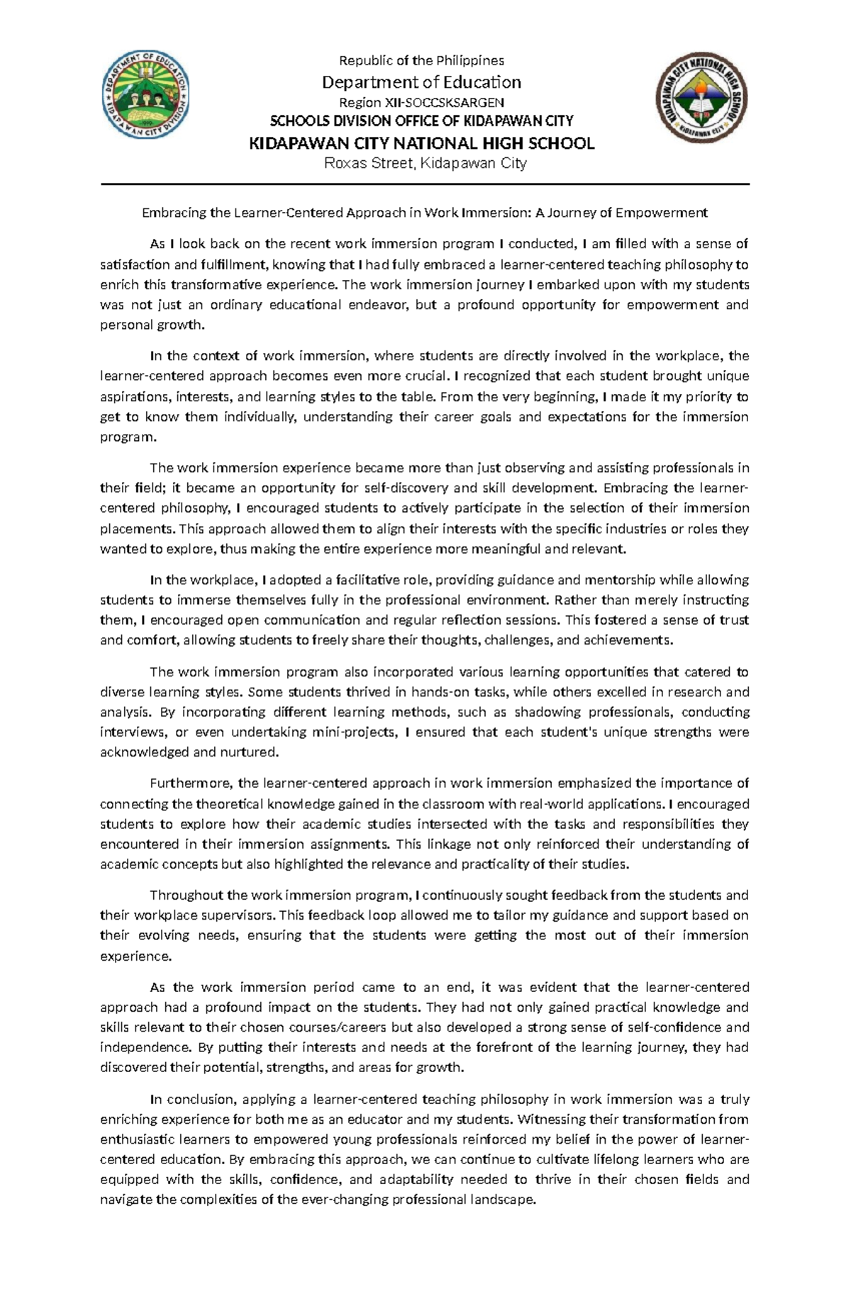 Reflection on Learner-Centered Approach in Work Immersion Experience ...