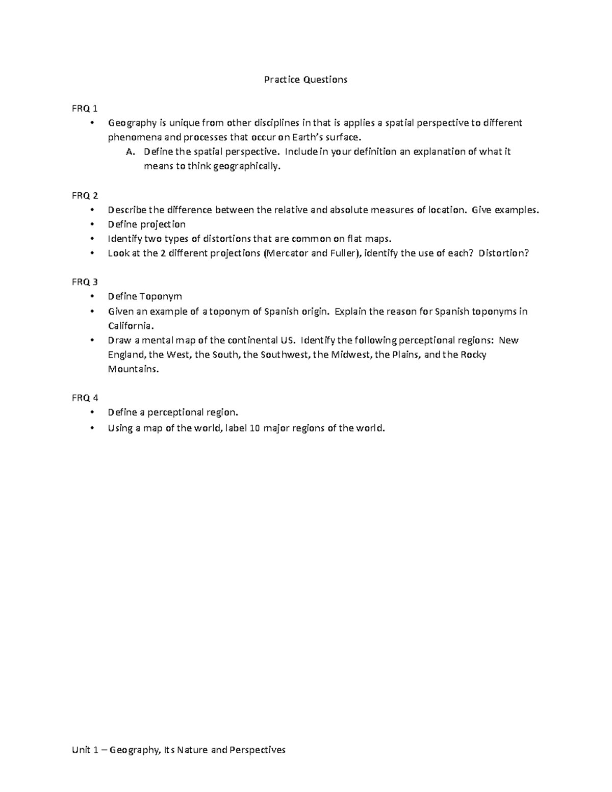 AP Human Geo Unit 1 - MC & FRQ Practice Questions Review - Studocu