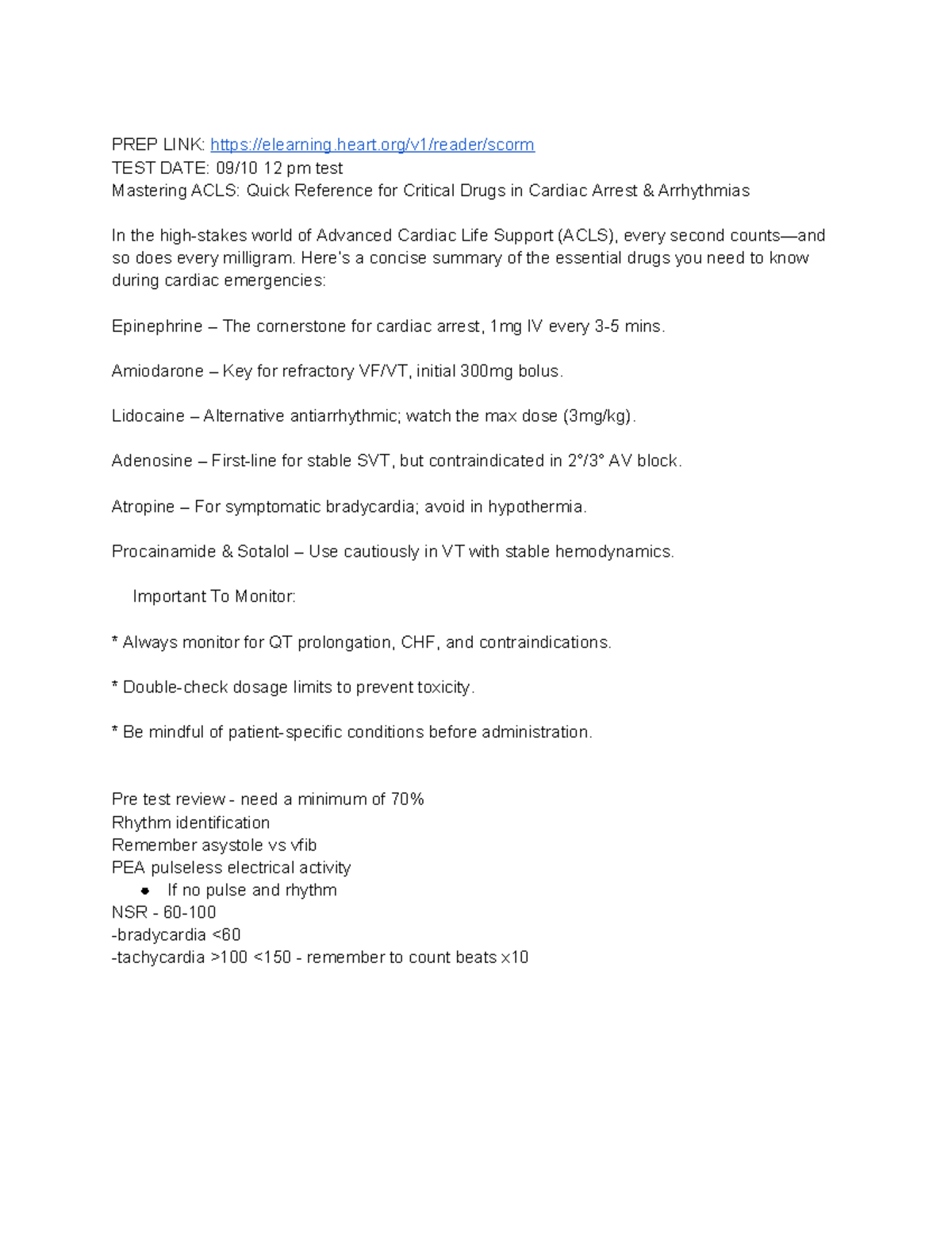 ACLS 101: Quick Reference for Critical Drugs in Cardiac Arrest - Studocu