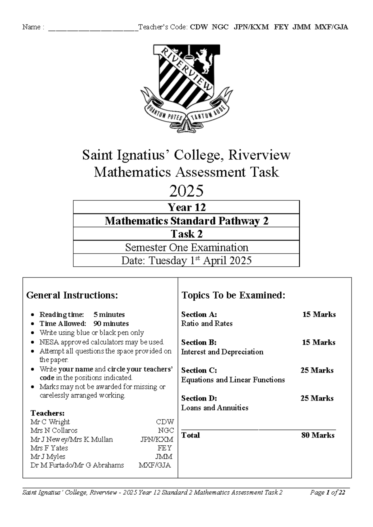 2025 Year 12 Mathematics Standard 2 Assessment Task 2 - Past Paper ...